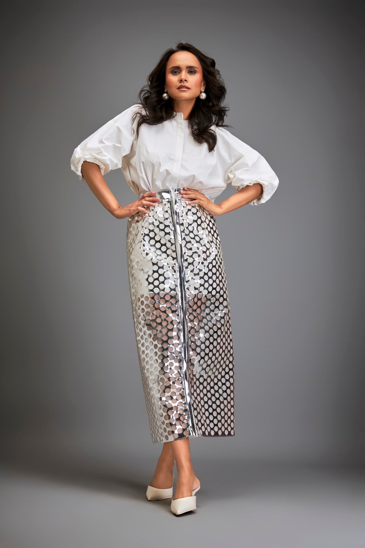 Metallic Silver Skirt With Geometric Cutout Detailing – Deepika Arora