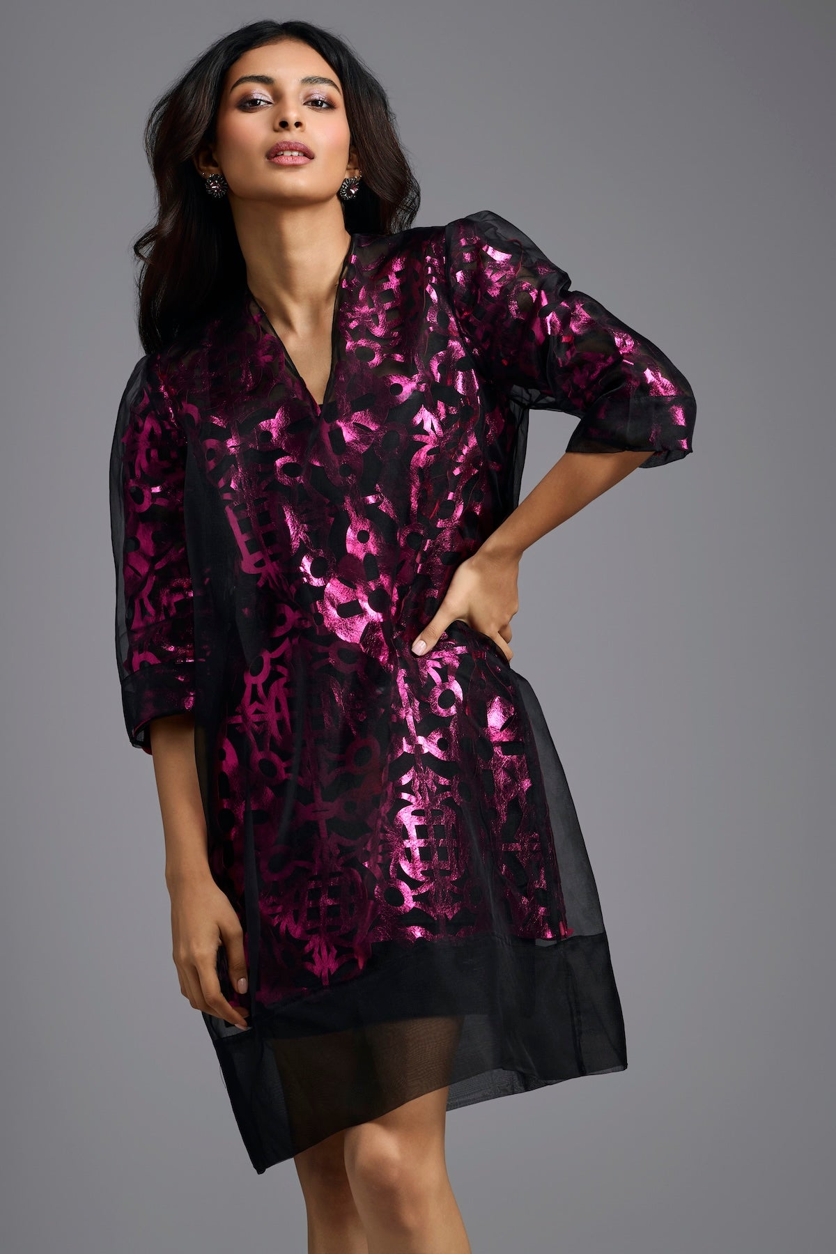 Fuchsia Metallic Sheer-Layered Dress – Deepika Arora