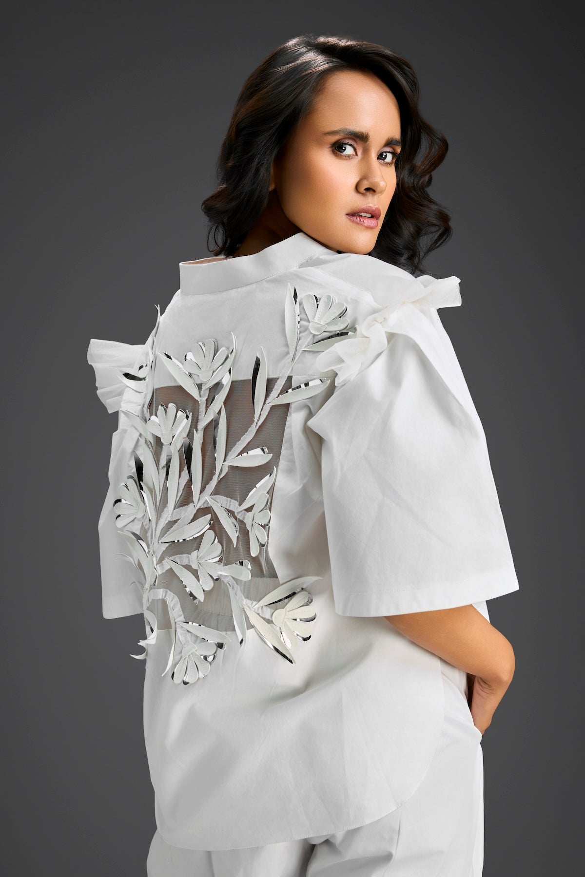White Embellished Sheer Back Shirt & Pants Set – Deepika Arora