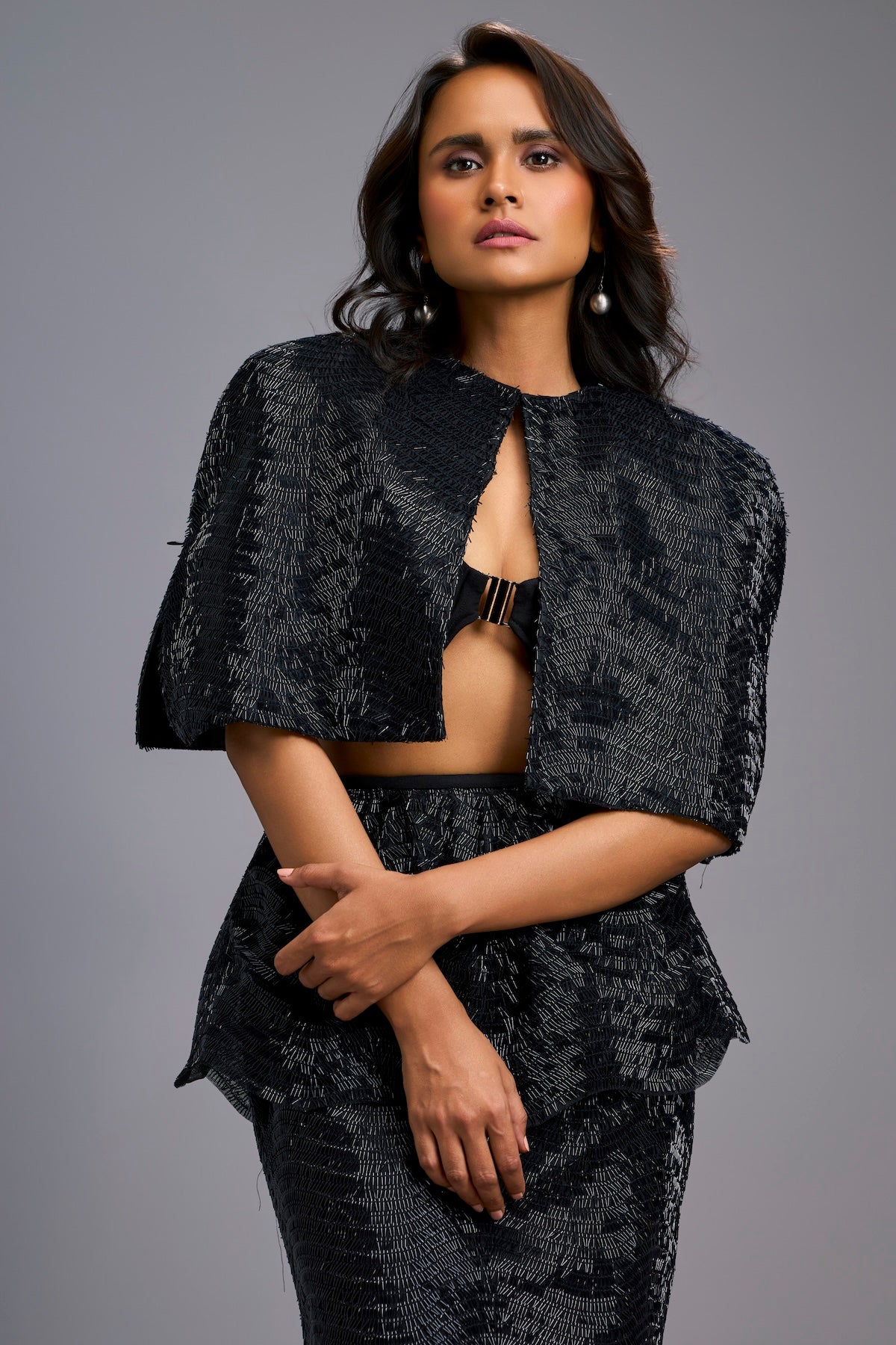 Structured Black Shimmer Cape – Deepika Arora