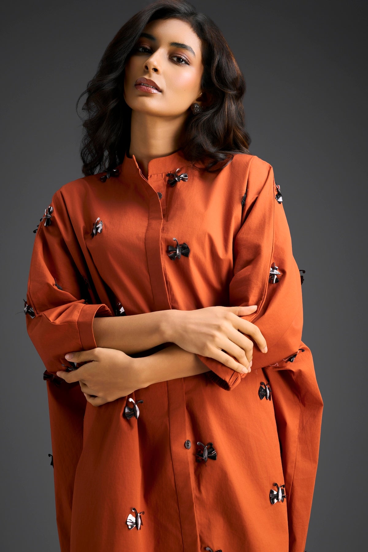 Buy Oversized Rust Shirt Dress with Butterfly Motifs Online – Deepika Arora